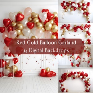 Red Gold Balloon Garland Digital Backdrops, Family Kids Maternity ...