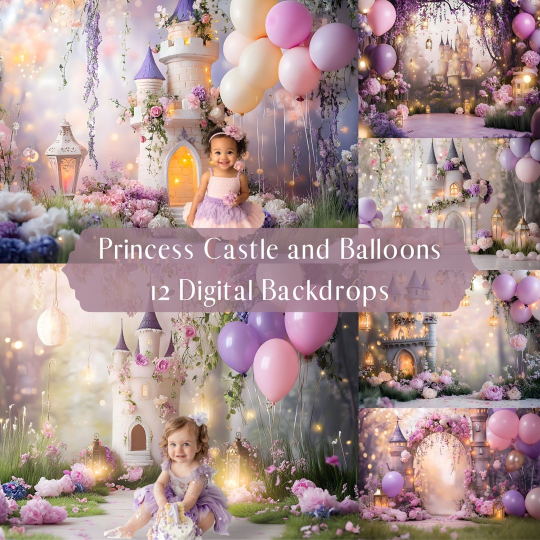 Princess Castle & Balloons Digital Backdrops, Photoshop Overlays, Kids ...