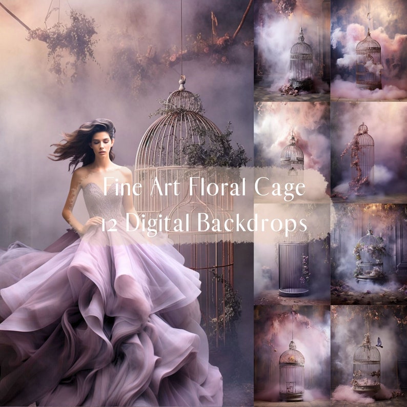 Ethereal Floral Cage Digital Backdrop Bundle, Elegance in Soft Lilac ...