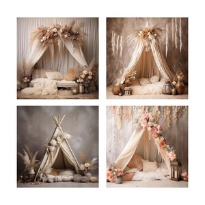 Boho Neutral Tent Digital Background, Studio Backdrop, Photoshop Overlays, Children Portrait ...