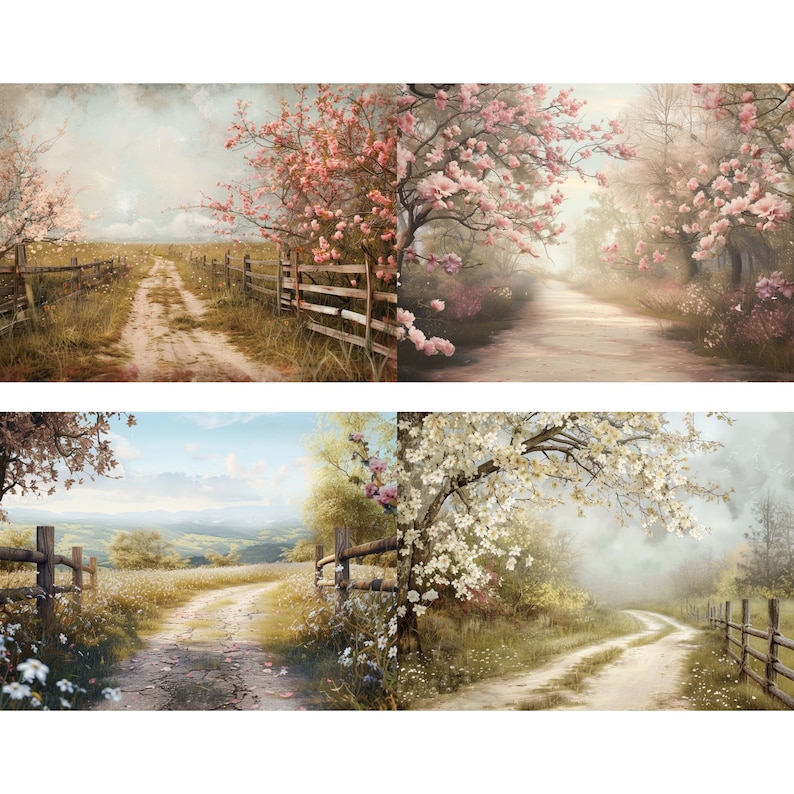 Painterly Spring Country Path Digital Backdrops, Landscape Background ...