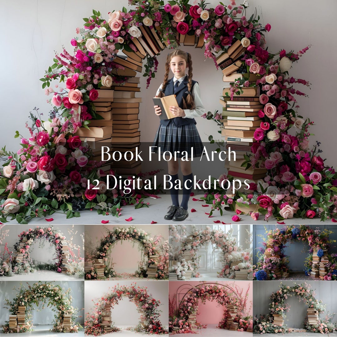 Floral Books Arch Digital Backdrop Bundle, Studio Backdrops, Photoshop ...