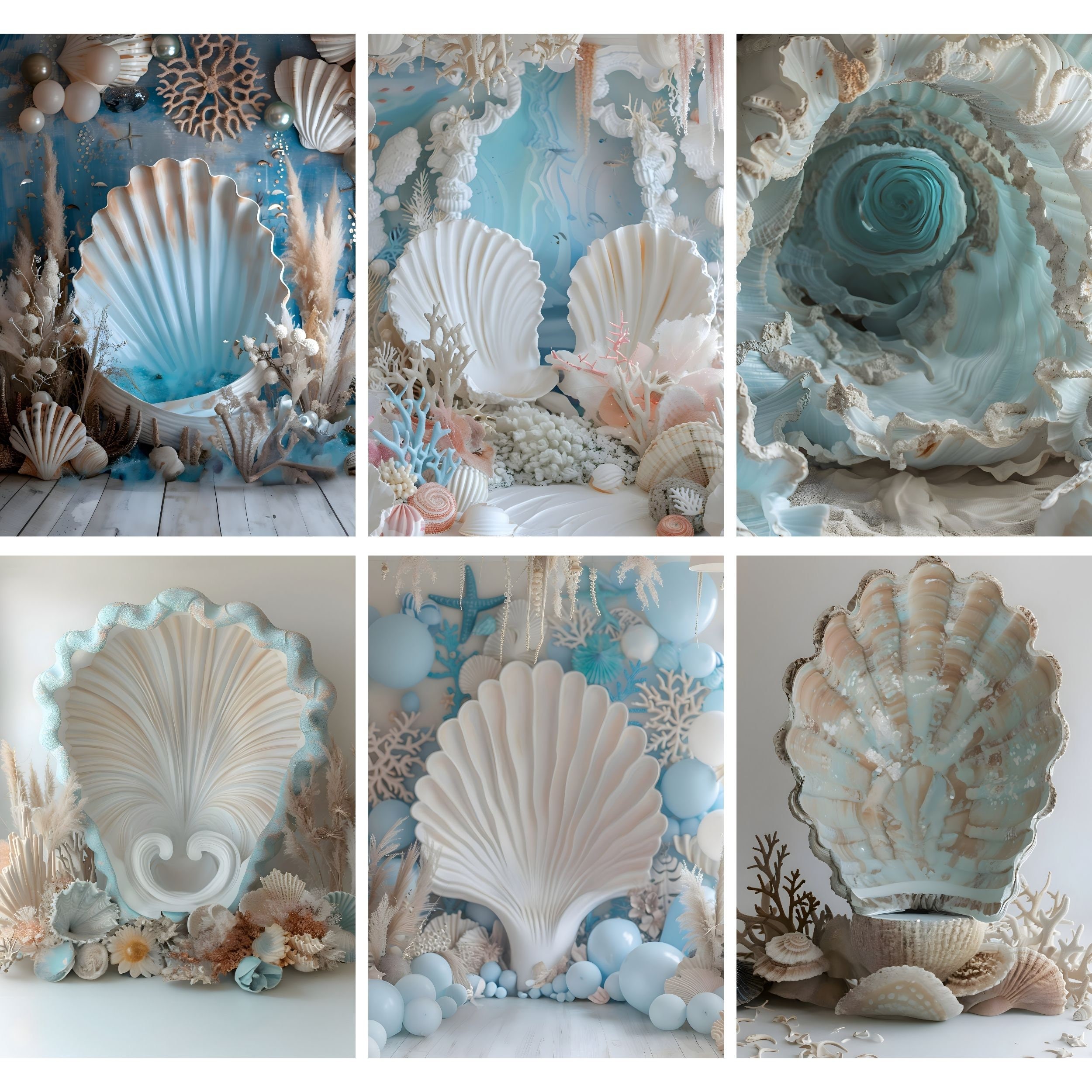 Ocean Mermaid Shell Digital Backdrops, Blue Romantic, Photoshop ...