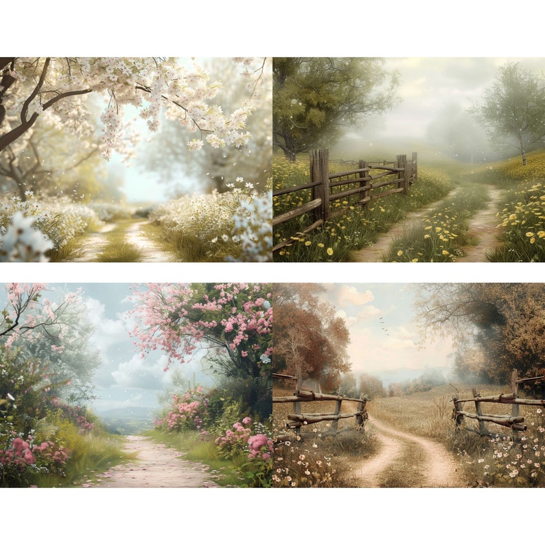 Painterly Spring Country Path Digital Backdrops, Landscape Background ...