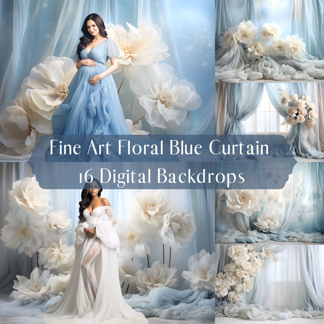 Fine Art Floral Blue Curtain Digital Backdrop, Flower Romantic ...