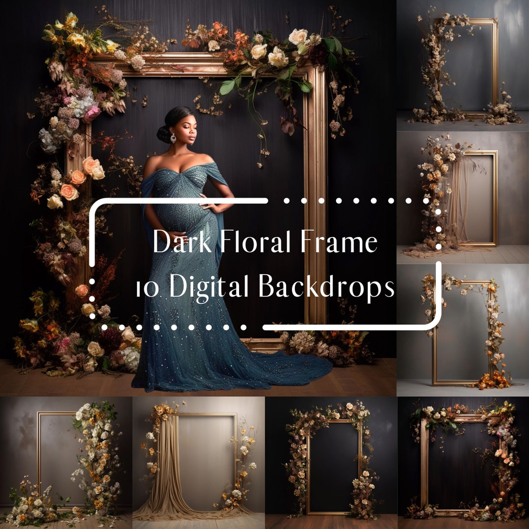 Dark Floral Frame Digital Backdrops, Maternity Wedding Portrait Digital ...