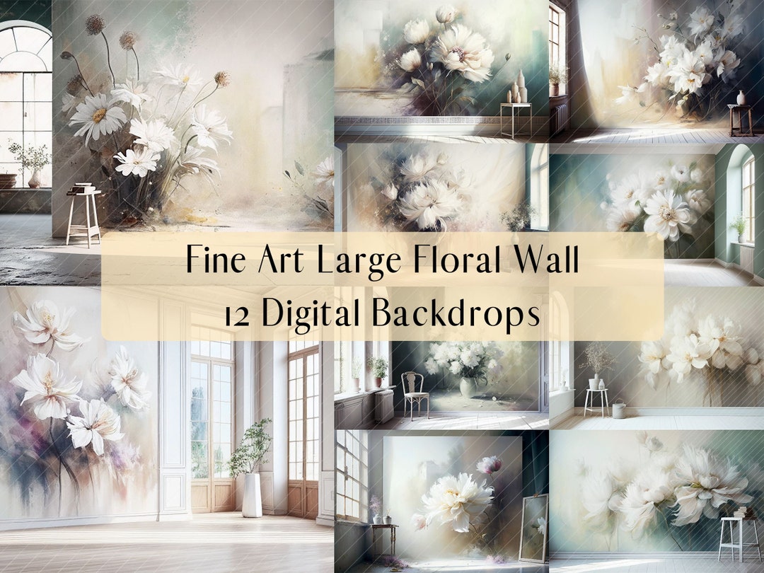 12 Fine Art Floral Wall Digital Backdrops, Photoshop Texture Overlays ...