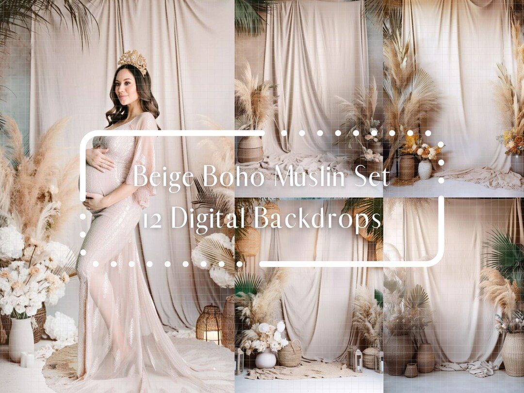 12 Boho Beige Muslin Digital Backdrops, Photoshop Overlays, Maternity ...