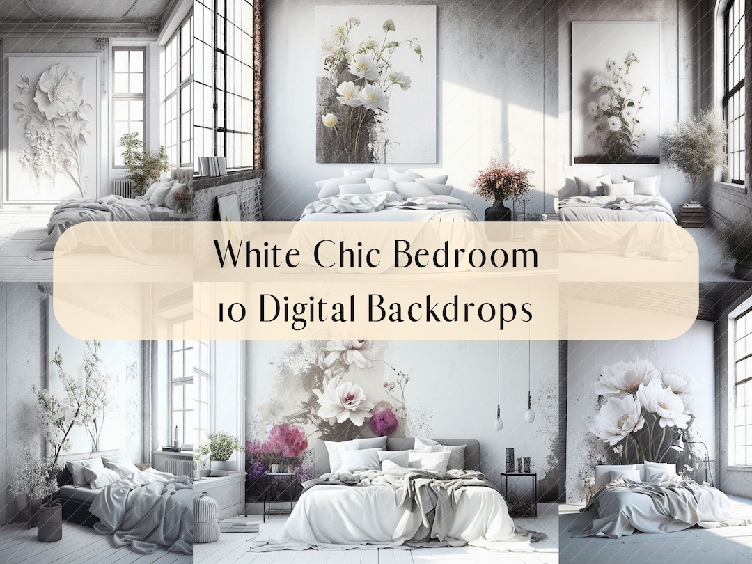 10 White Chic Bedroom Digital Backdrops, Photoshop Texture Overlays ...