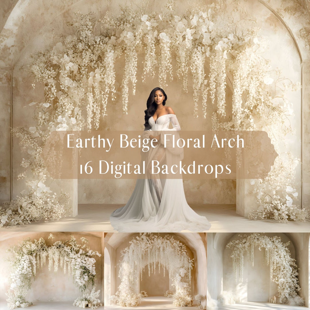 Earthy Beige Cream Floral Arch Digital Backdrops, Maternity Overlays ...