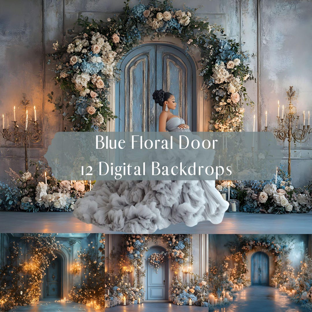 Elegance Blue Floral Door Digital Backdrops, Maternity Portrait Digital Overlays, Studio ...