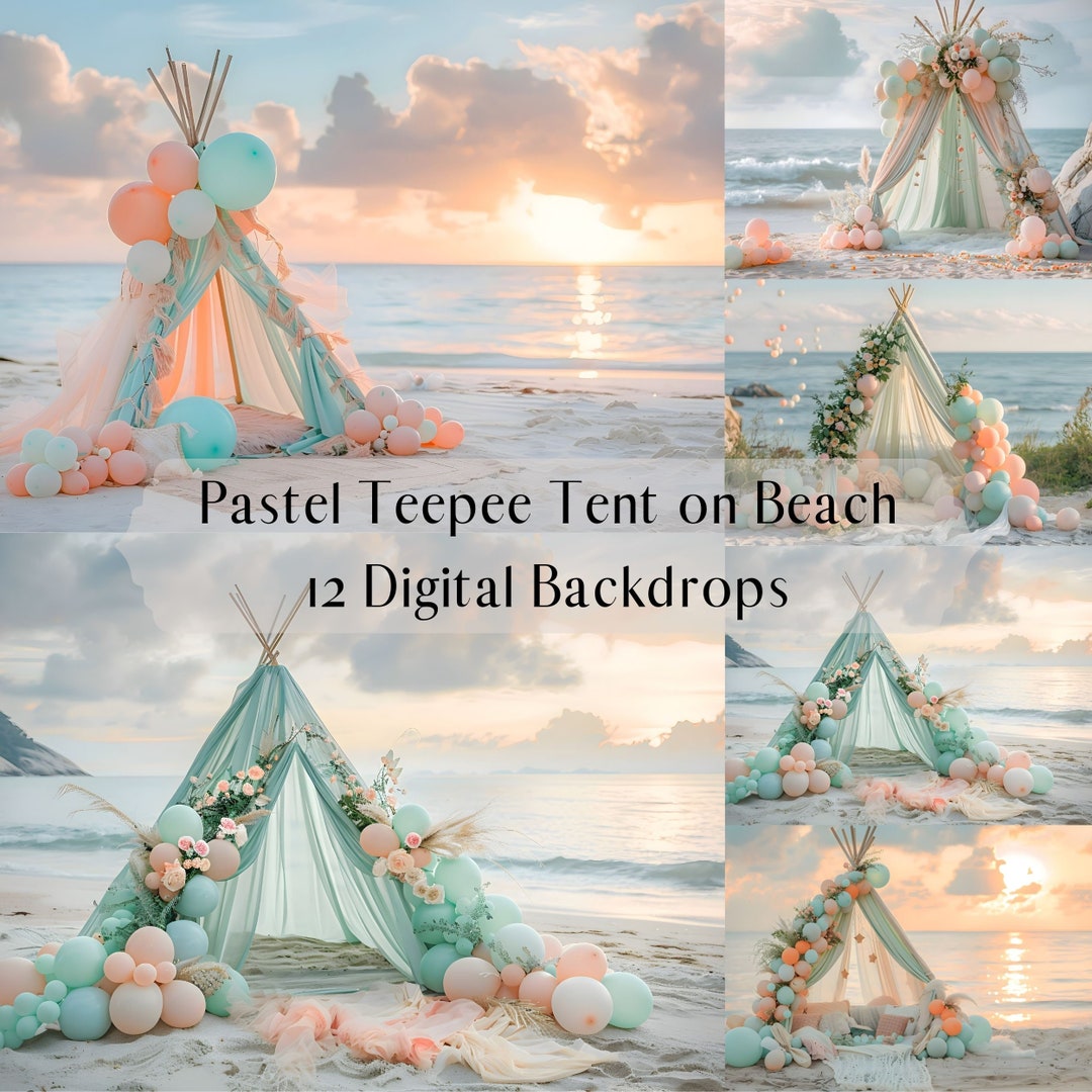 Pastel Beach Teepee Tent Digital Backdrops, Summer Background, Family ...