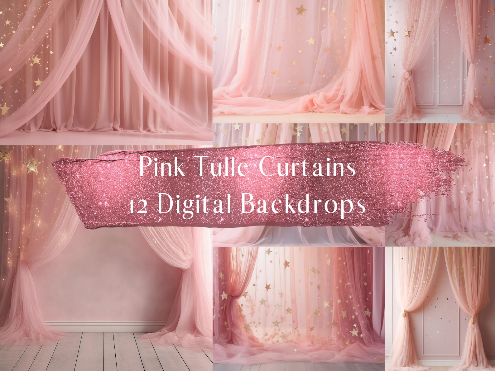 12 Pink Tulle Curtains Digital Backdrops, Photoshop Overlays, Maternity ...