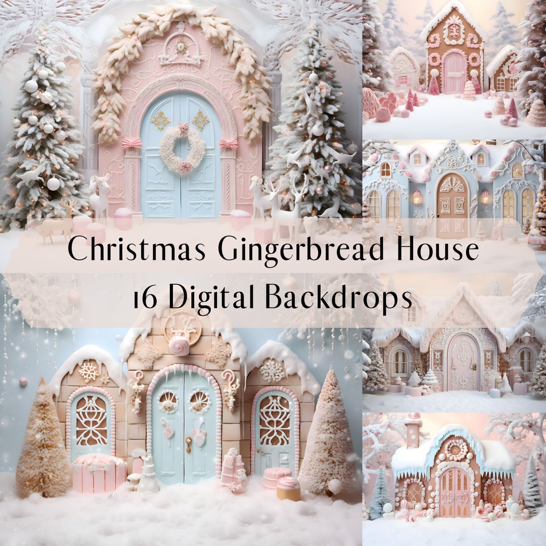 Pastel Christmas Gingerbread House Digital Backdrops Bundle, Composite ...