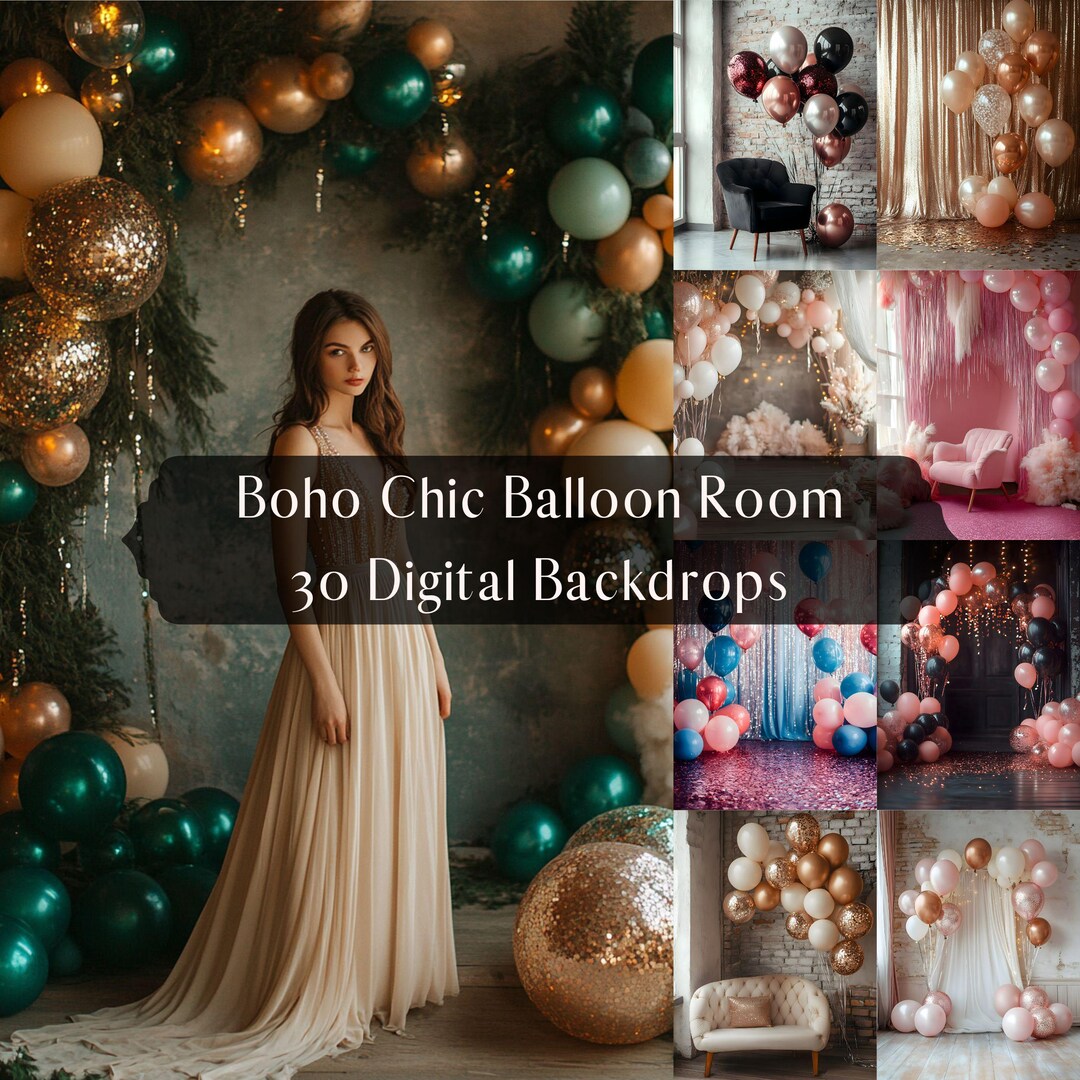Boho Chic Balloon Room Digital Backdrops, Birthday Party, Cake Smash ...