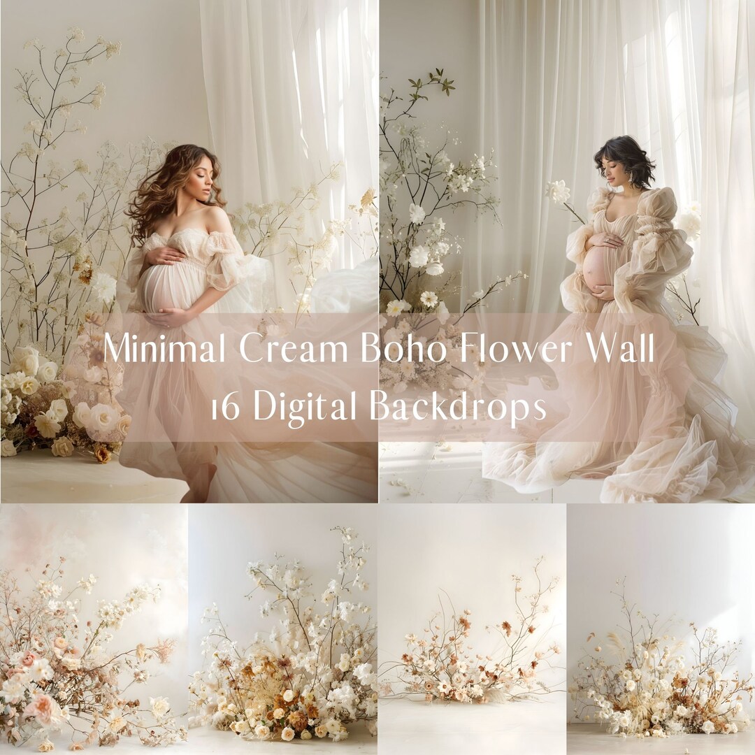 Minimal Cream Floral Wall Digital Backdrops, Maternity Wedding Portrait ...