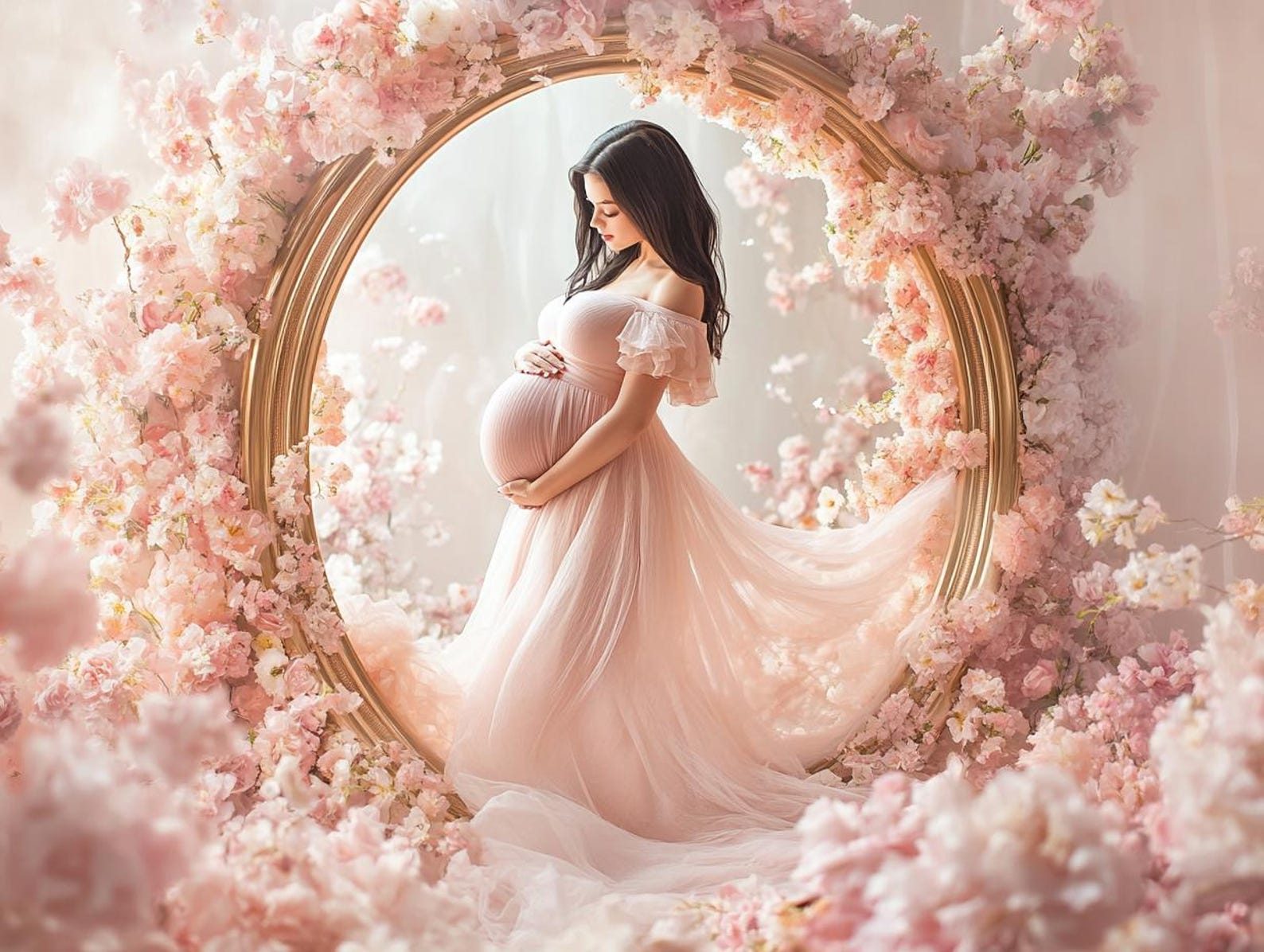 Pink Floral Mirror Frame Digital Backdrops, Romantic White Rooms ...