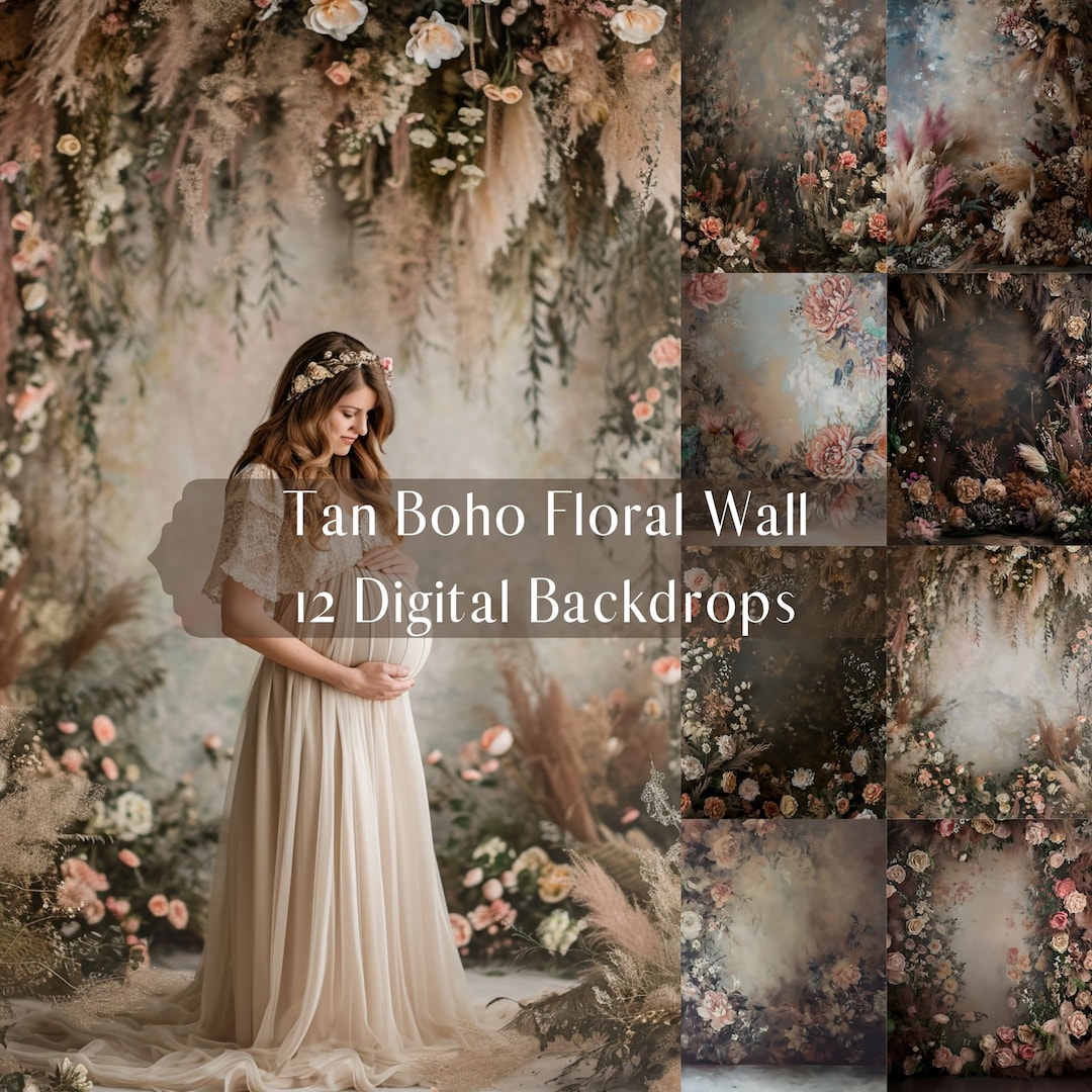 Earthy Boho Elegance Digital Backdrops, Tan Flower Walls, Fine Art ...