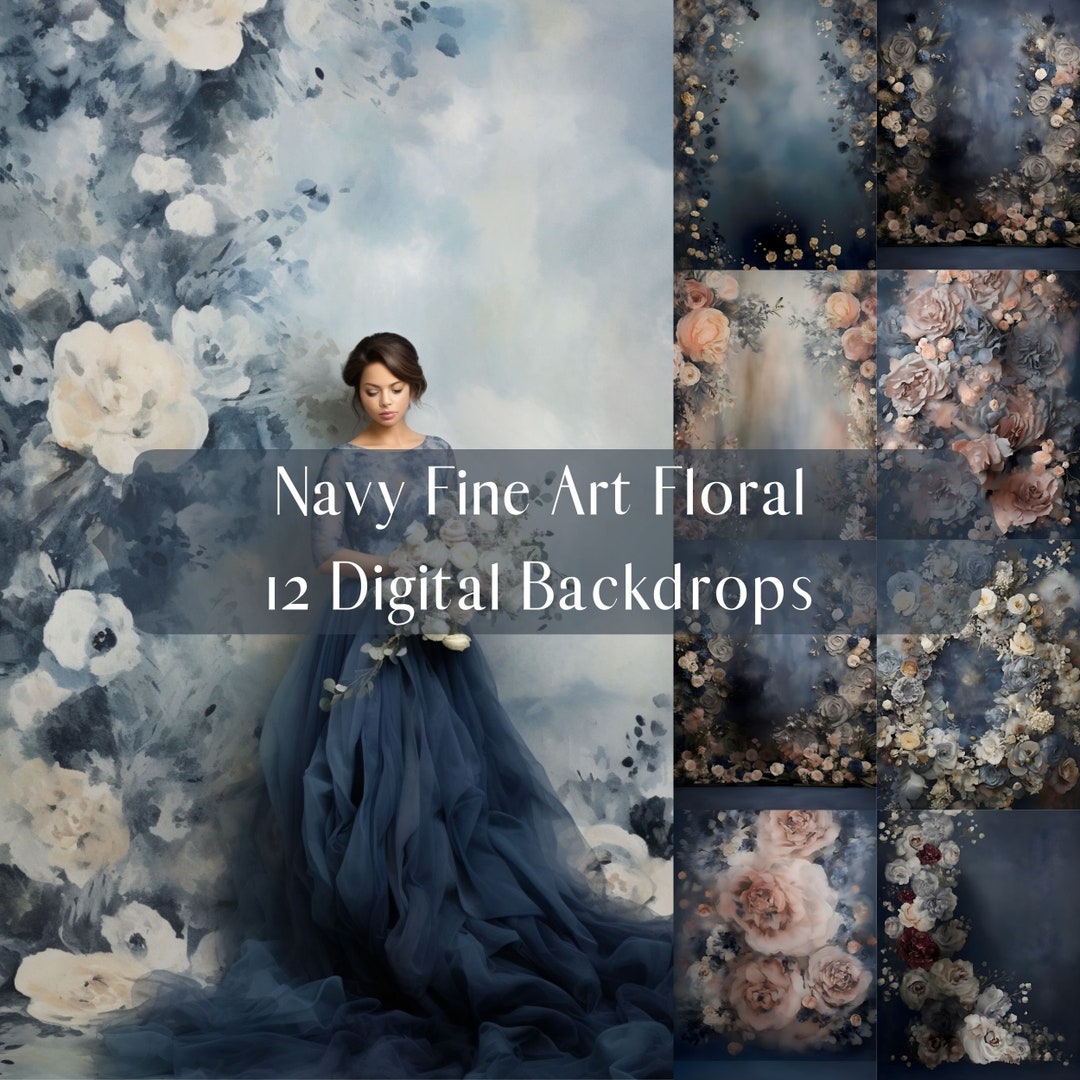 Navy Blue Floral Fine Art Digital Backdrops, Photoshop Texture Overlays ...