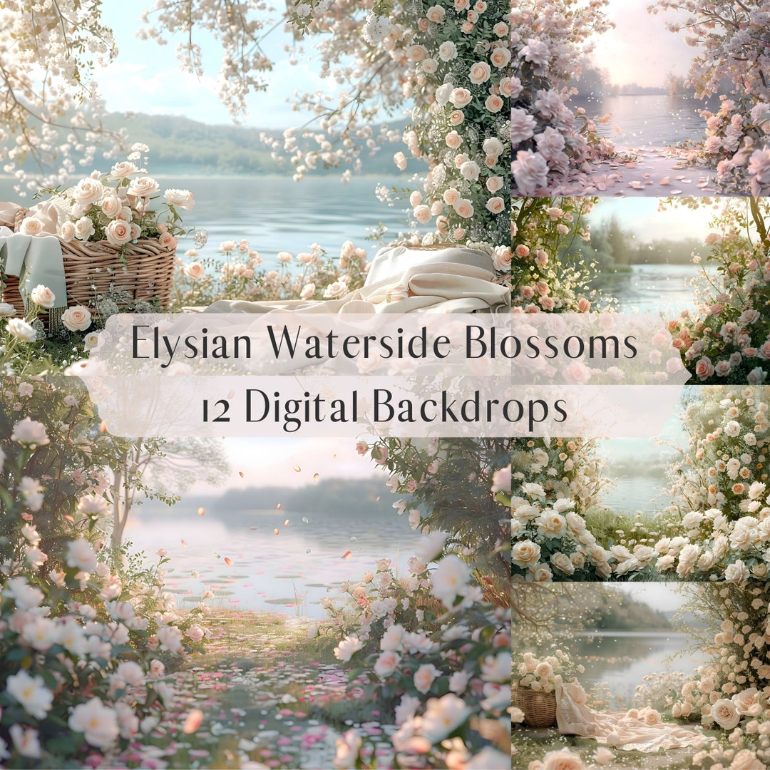 Elysian Waterside Blossoms Digital Backdrops, Landscape Background ...