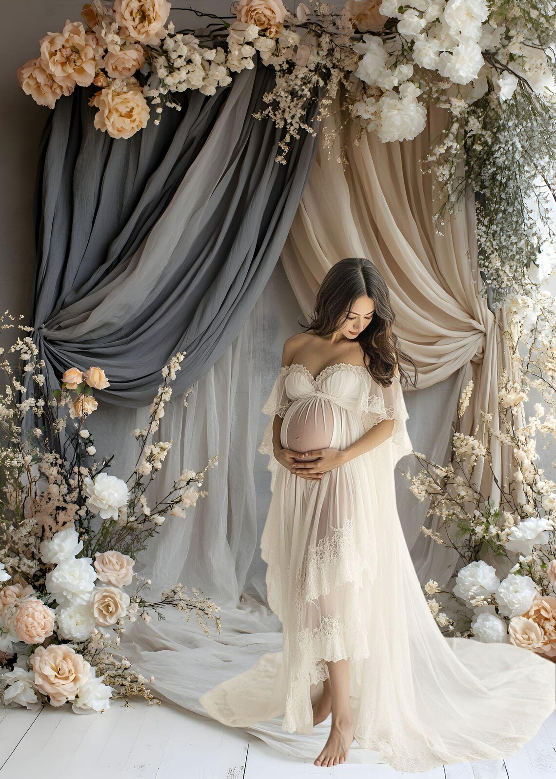 Grey Beige Floral Drapery Digital Backdrops, Maternity Wedding Portrait ...