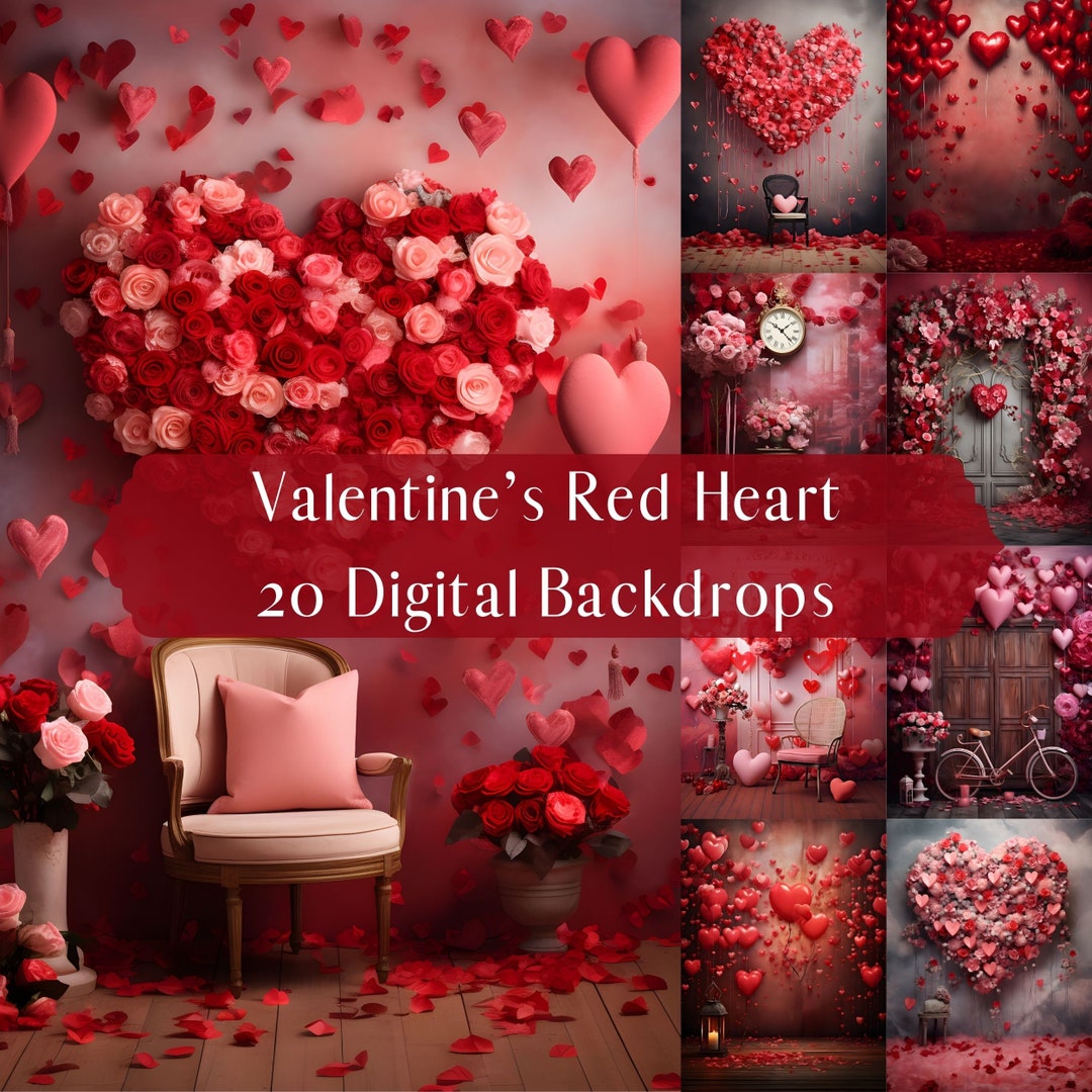 Valentines Red Heart Digital Backdrop Bundle, Photoshop Overlays ...