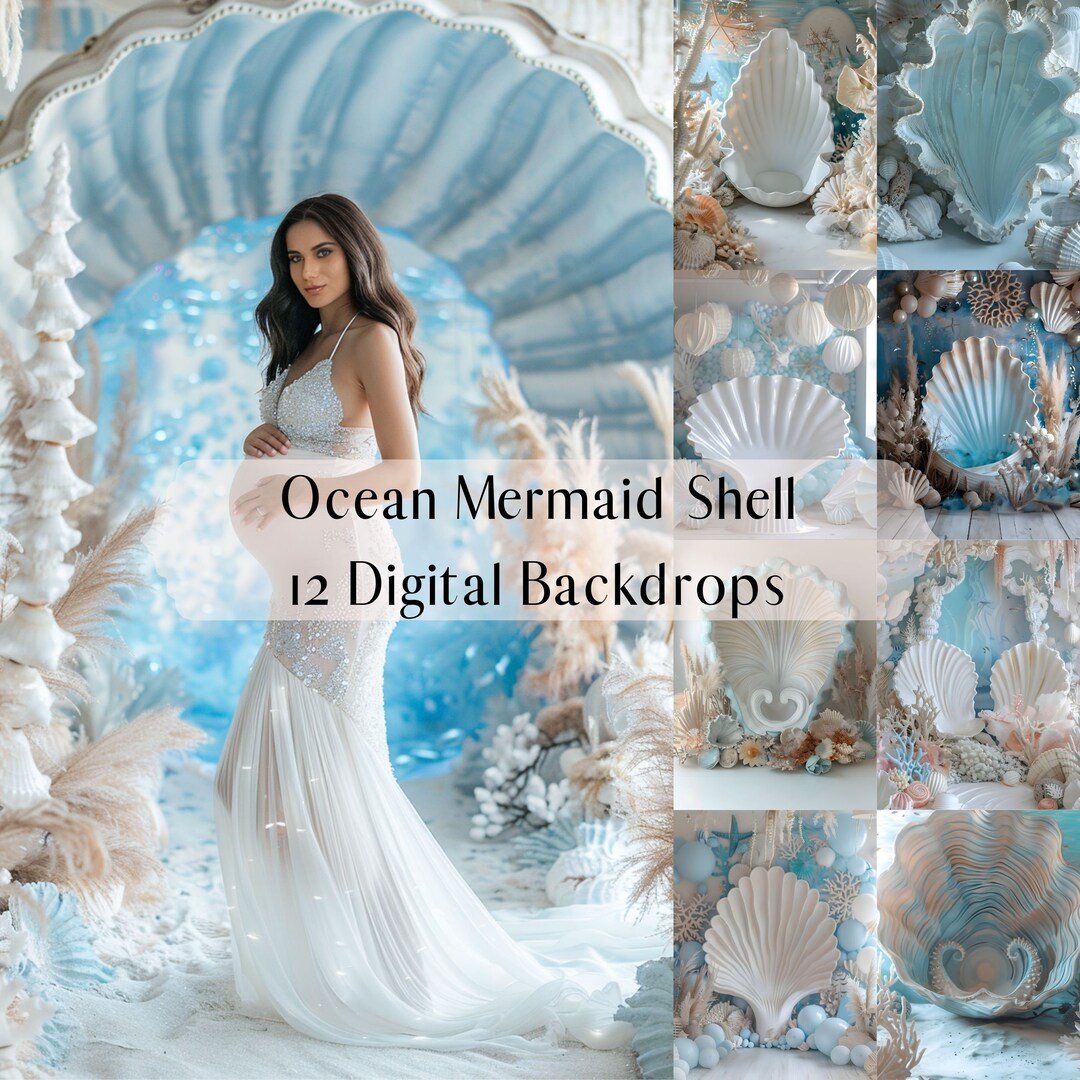 Ocean Mermaid Shell Digital Backdrops, Blue Romantic, Photoshop ...