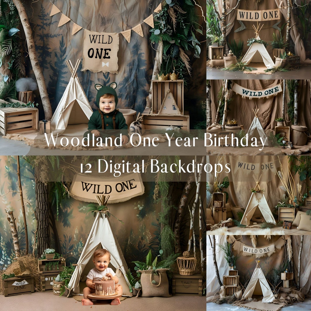 Woodland One Year Birthday Digital Backdrops, Child Photography Studio ...