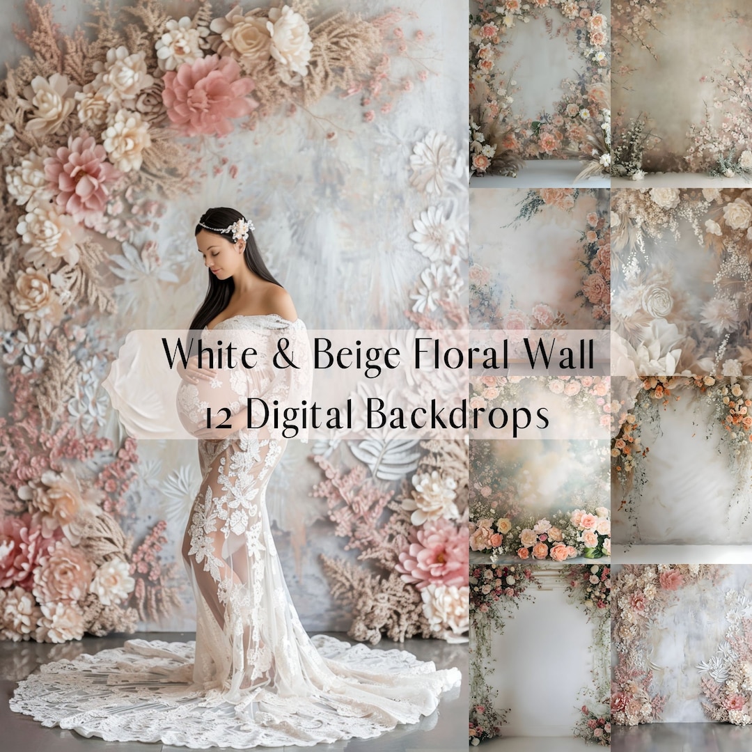 Spring Bloom Elegance 12 Digital Backdrops of White and Beige Floral ...