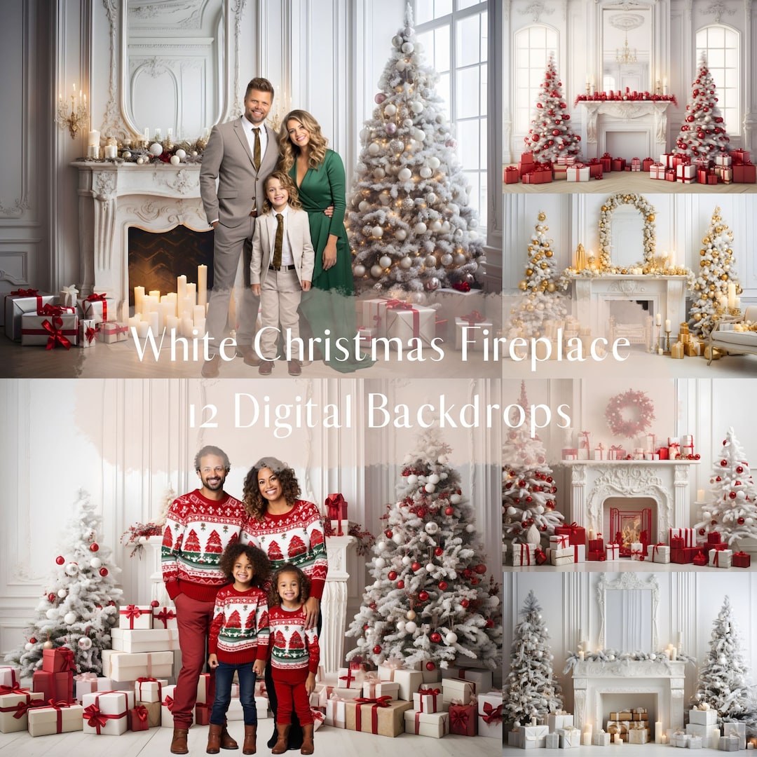 White Christmas Fireplace Digital Backdrops Bundle, Composite ...
