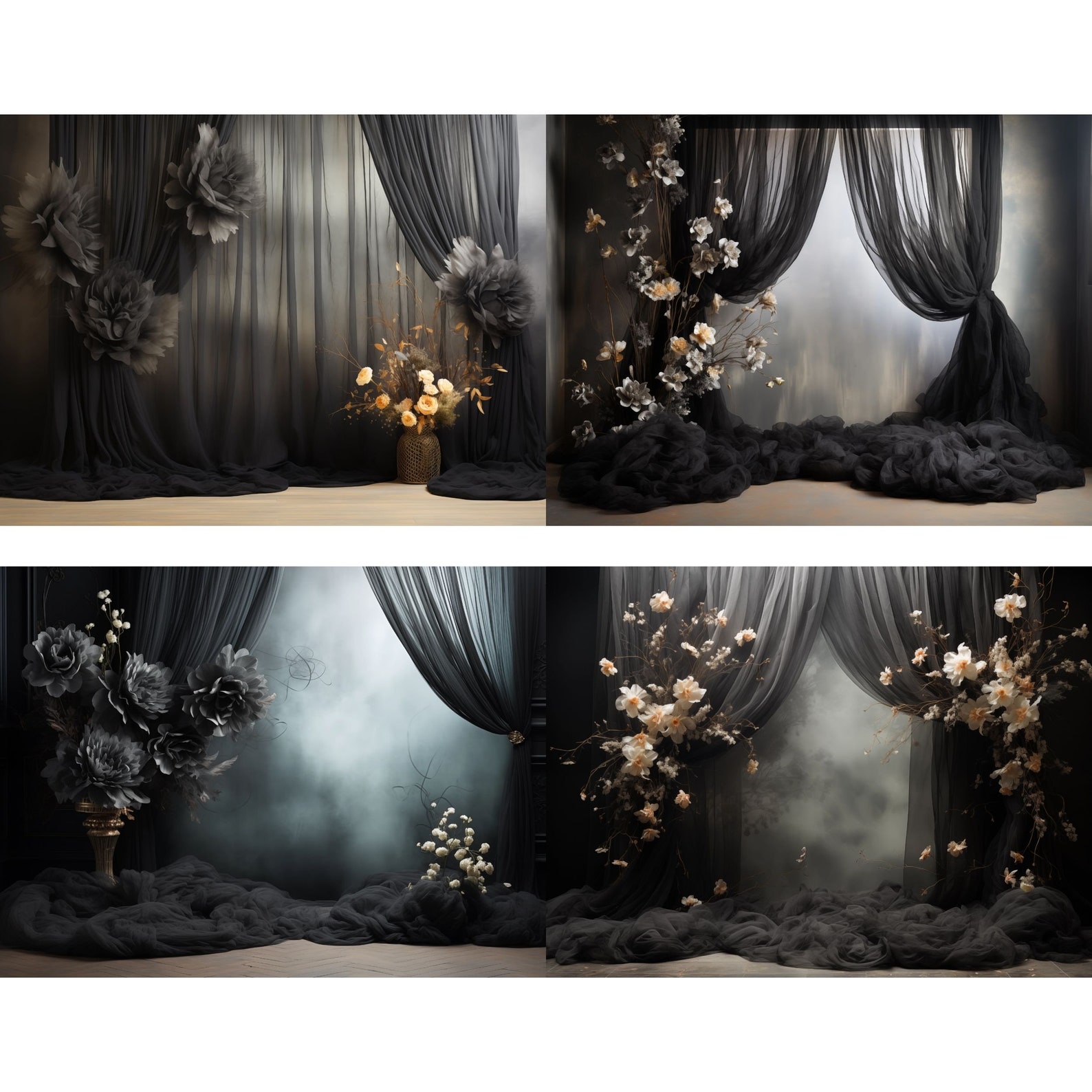 Fine Art Floral Black Curtain Digital Backdrop, Gothic Romantic ...