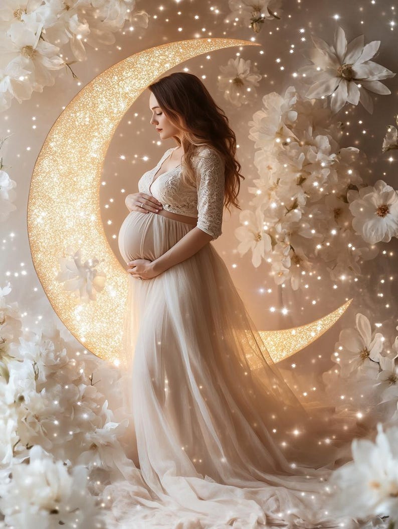 Romantic White Floral Moon Digital Backdrops, Maternity Wedding ...