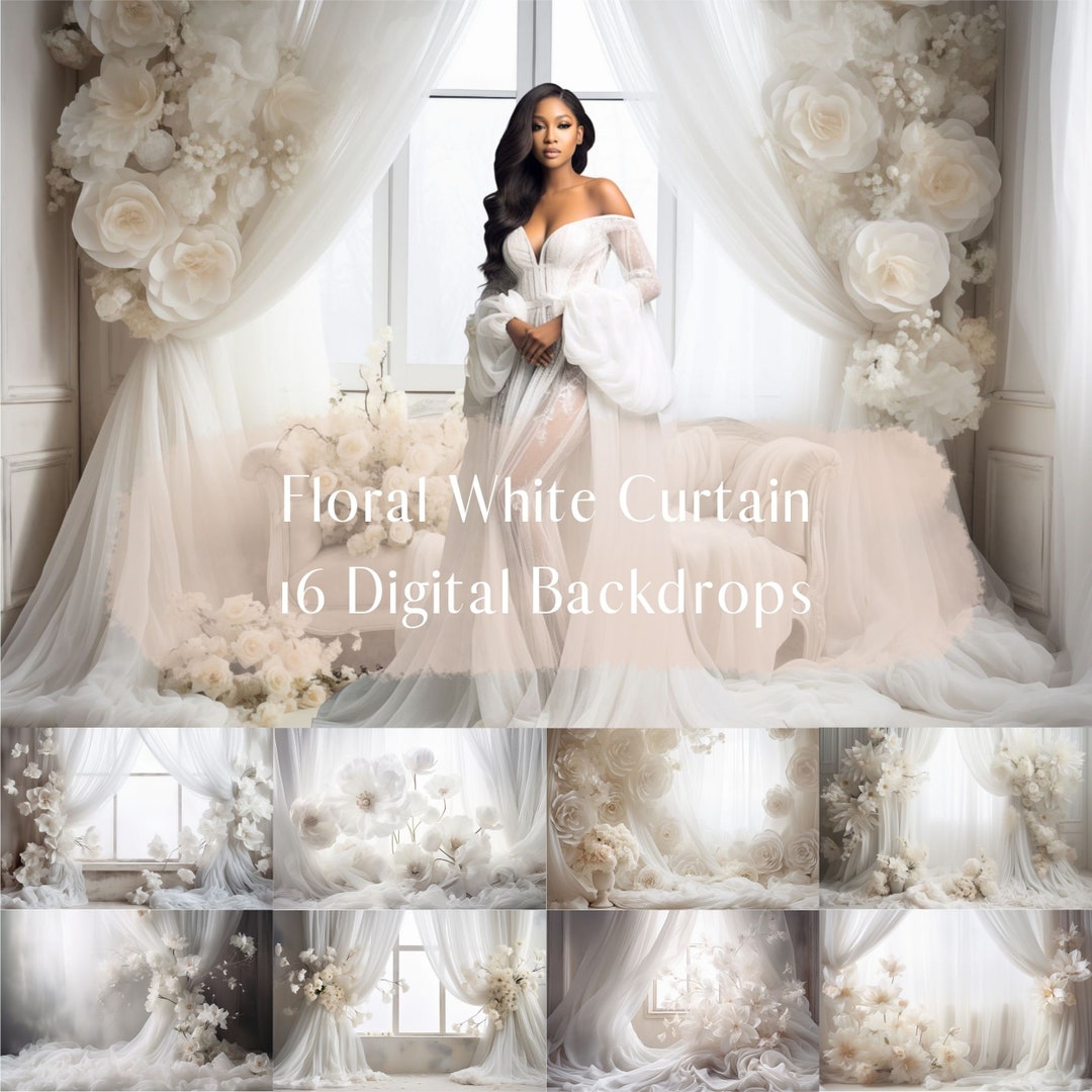 Fine Art Floral White Curtain Digital Backdrop, Gothic Romantic ...