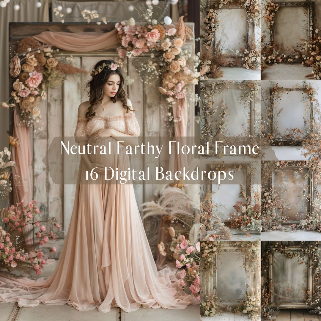 Neutral Earthy Floral Frame Digital Backdrops, Maternity Portrait ...