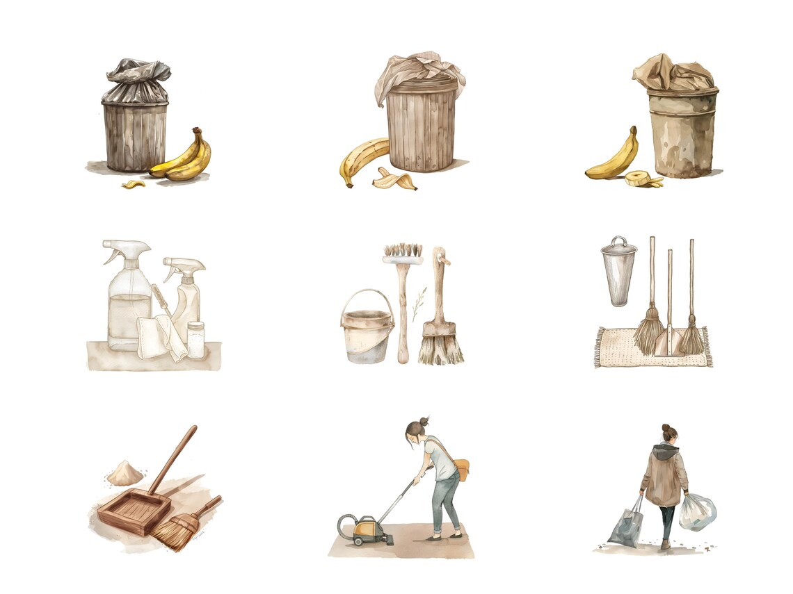 Cute Housekeeping Clipart, Watercolor Cleaning Supplies, Cleaning ...