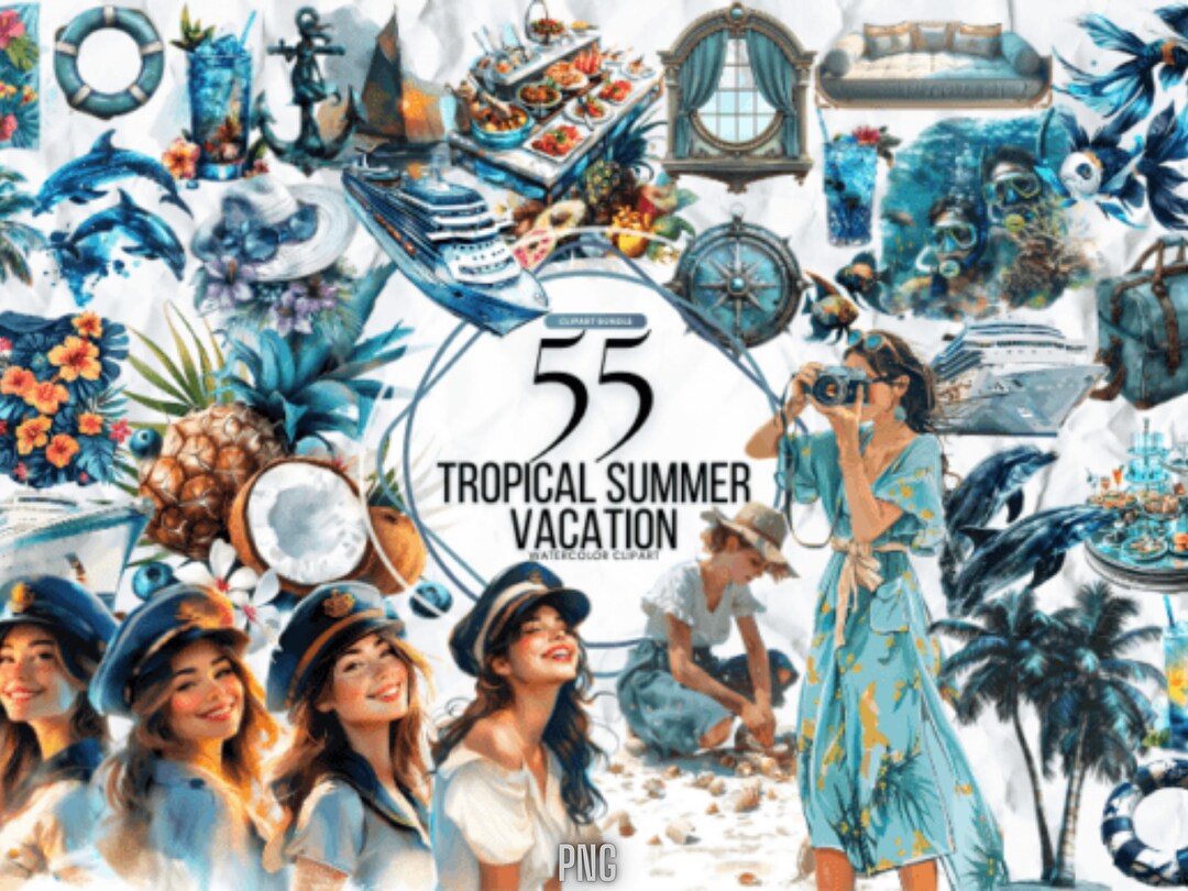 Tropical Summer Watercolor Clipart Bundle - 55 PNG Sunny Tropical ...