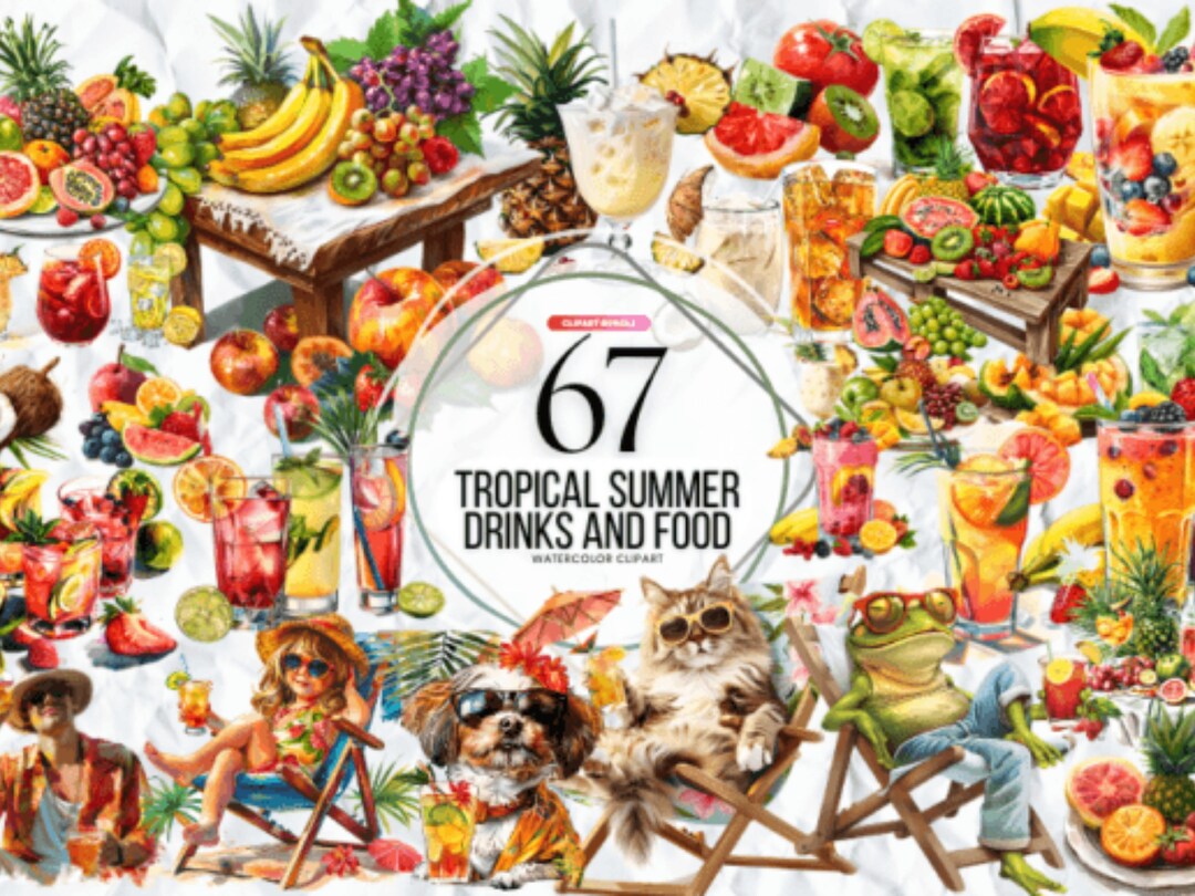 Tropical Summer Watercolor Clipart Bundle - 67 PNG Sunny Tropical ...