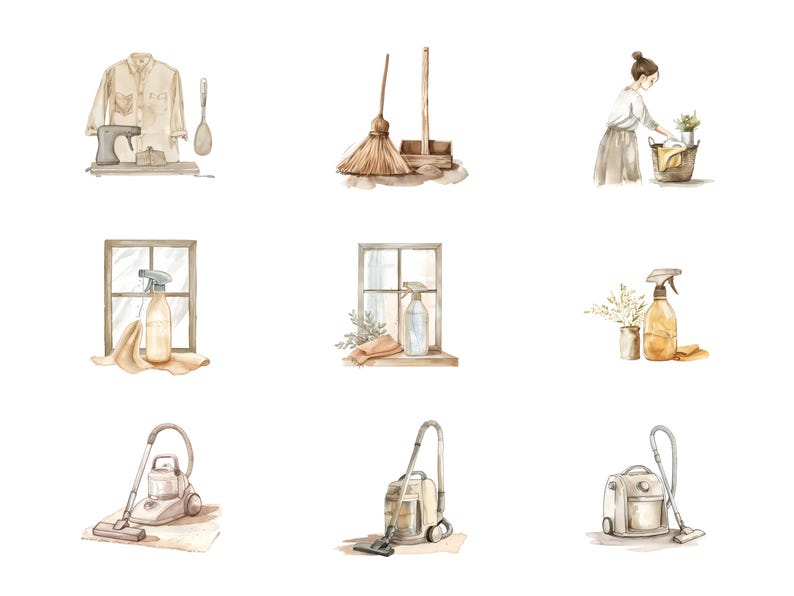Cute Housekeeping Clipart, Watercolor Cleaning Supplies, Cleaning ...