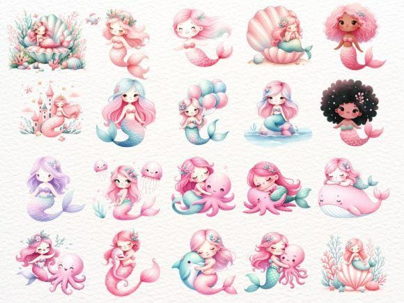 Cute Mermaid Clipart Bundle, Watercolor Mermaid Friends PNG Set, Cute ...