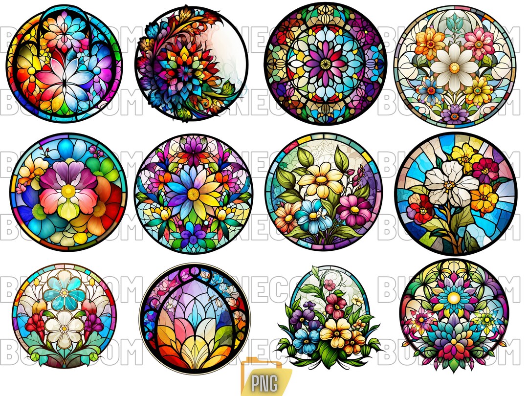 Stained Glass Flowers Digital Paper - Floral Stained Glass Backgrounds ...