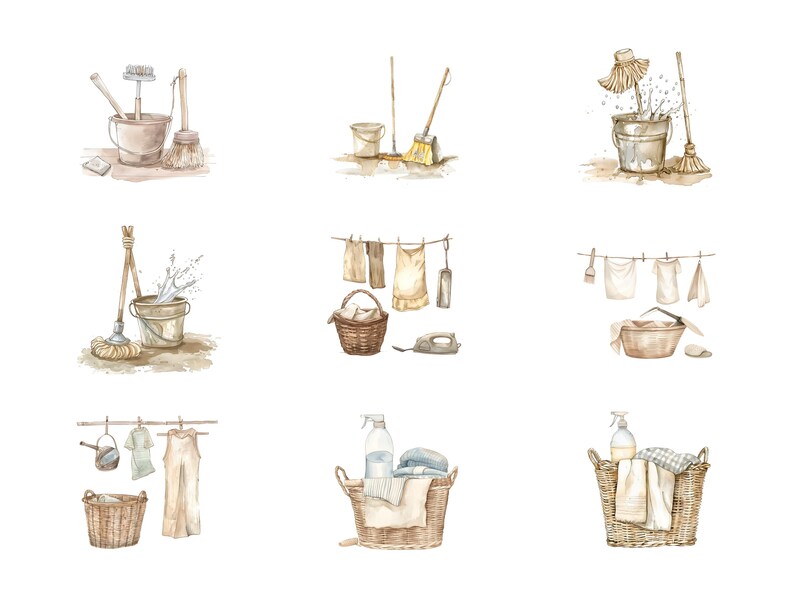 Cute Housekeeping Clipart, Watercolor Cleaning Supplies, Cleaning ...