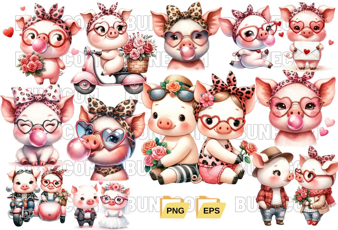 Cute Valentine Pig Clipart Bundle,adorable Pink Pig Illustrations With ...