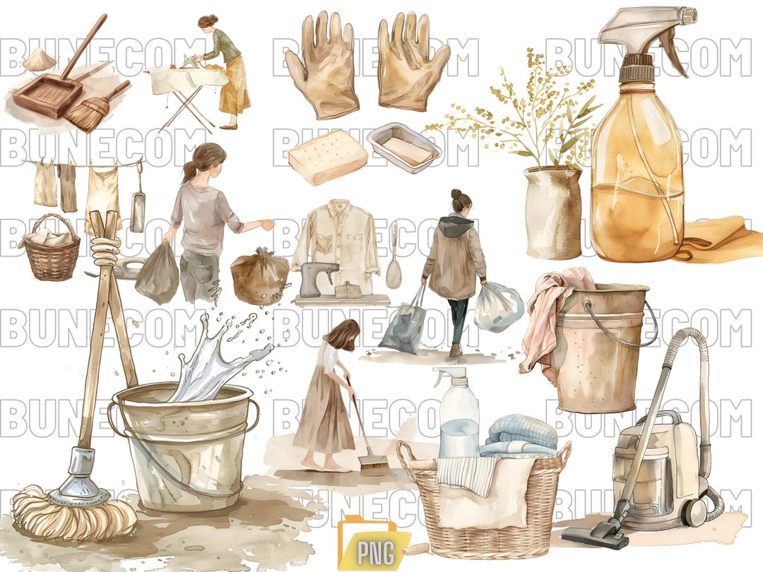 Cute Housekeeping Clipart, Watercolor Cleaning Supplies, Cleaning ...