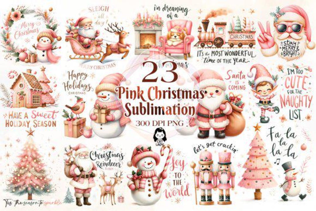 Watercolor Pink Christmas Clipart Pack, Pink Christmas Boho, Christmas ...