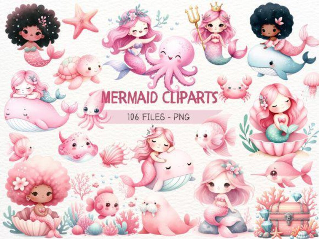 Cute Mermaid Clipart Bundle, Watercolor Mermaid Friends PNG Set, Cute ...