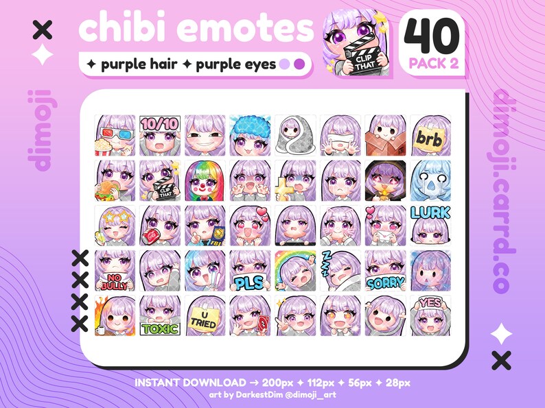 P2U Cute Chibi Purple Hair/purple Eyes Emote PACK 2 X40 | Emotes BUNDLE ...
