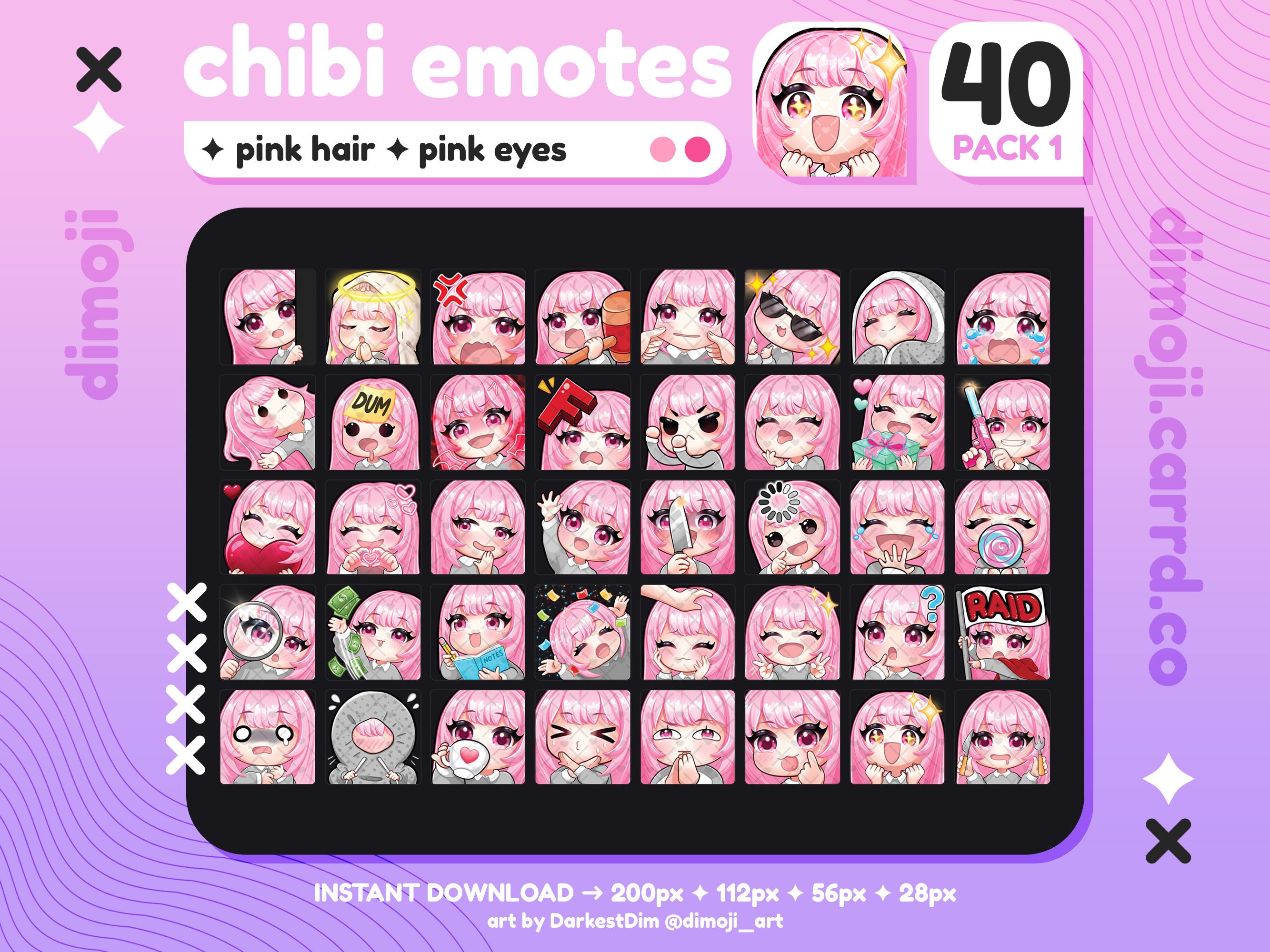 P2U Cute Chibi Pink Hair/pink Eyes Emote PACK 1 X40 Emotes BUNDLE ...
