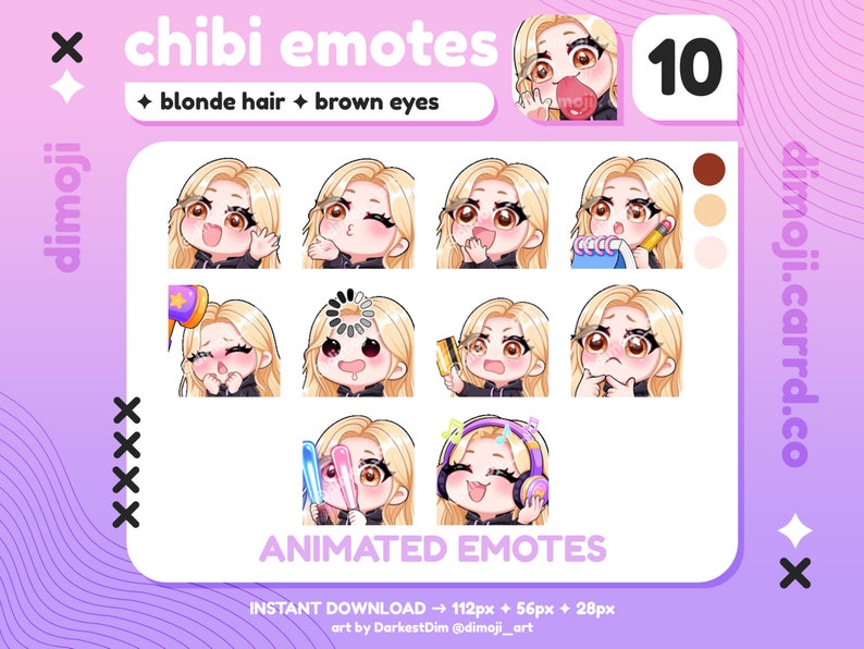10x EMOTES ANIMADOS de Chibi / Cabello Rubio/Ojos Marrones / Twitch ...