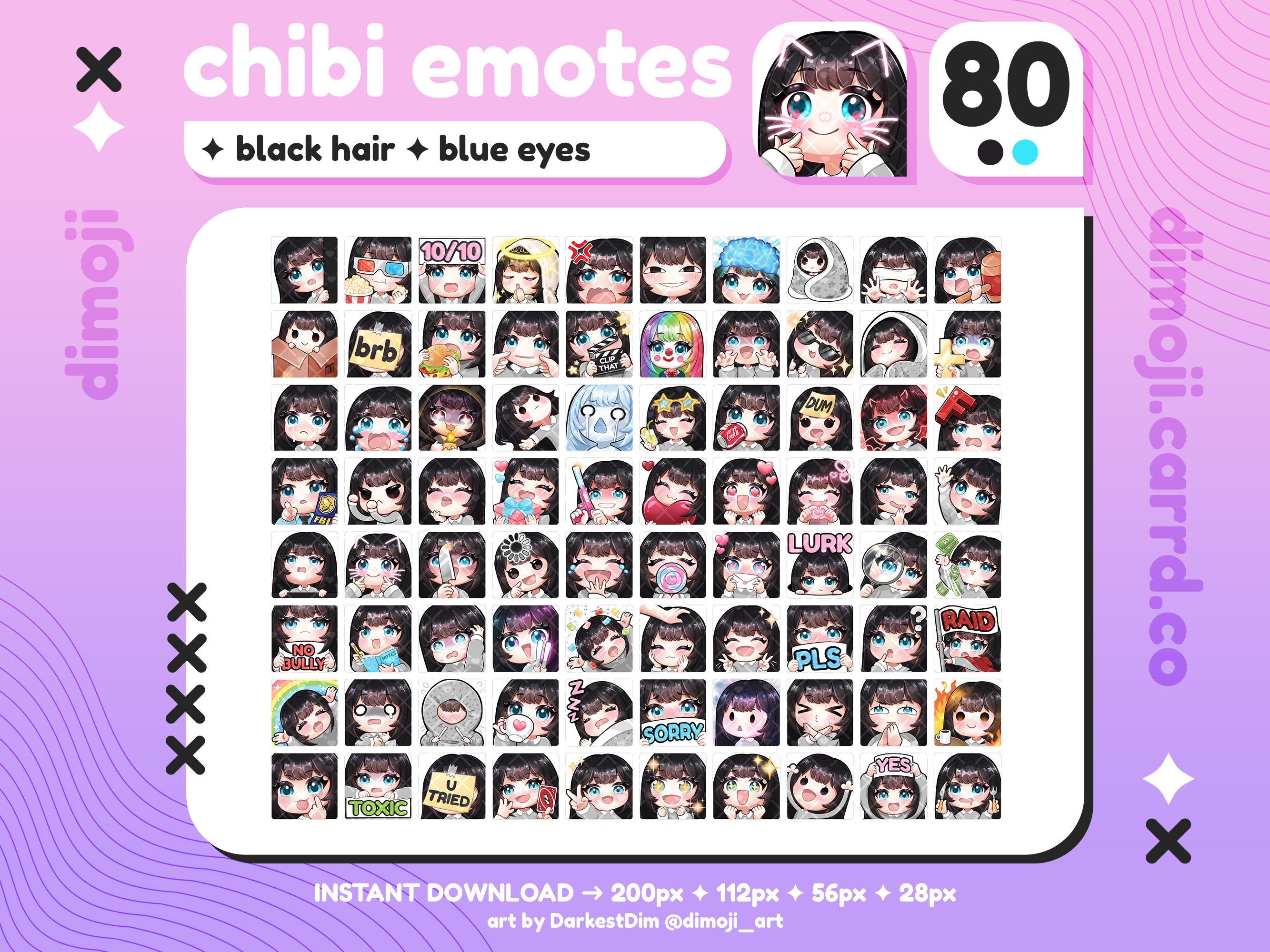 P2U Cute Chibi Black Hair/blue Eyes Emote MEGA PACK X80 Emotes BUNDLE ...