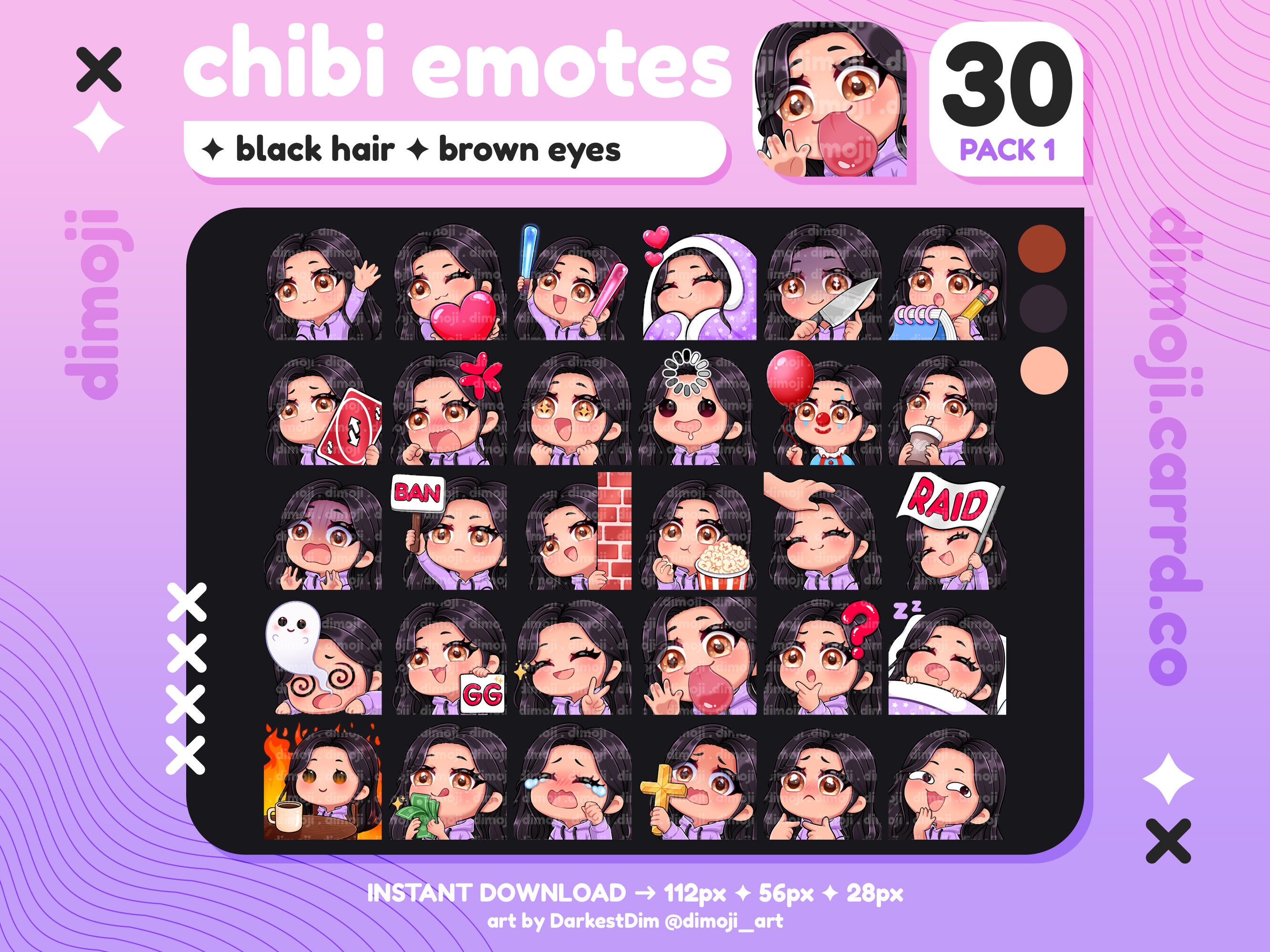 X30 Chibi Emotes EMOTE BUNDLE 1/3 Black Hair/brown Eyes/tan Skin Twitch ...